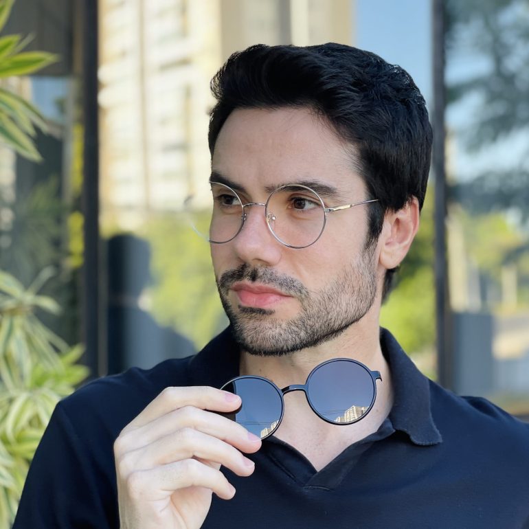 Óculos 2 em 1 Clip-On Masculino Redondo Prata Douglas - Safine